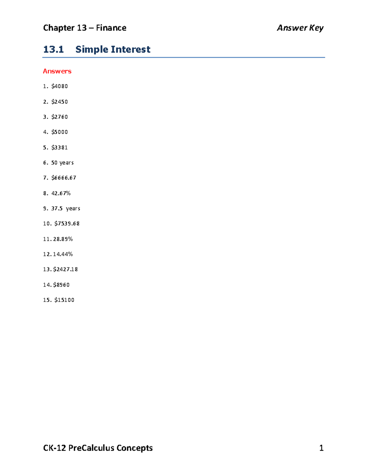 Answer Key CK-12 Chapter 13 Pre Calculus Concepts - 13 Simple Interest ...