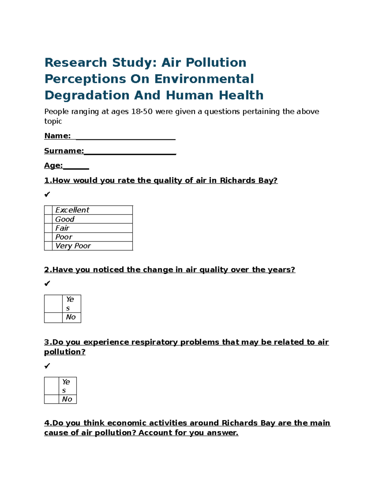 Questionnaire - Crucial for geography leaners - Research Study: Air ...