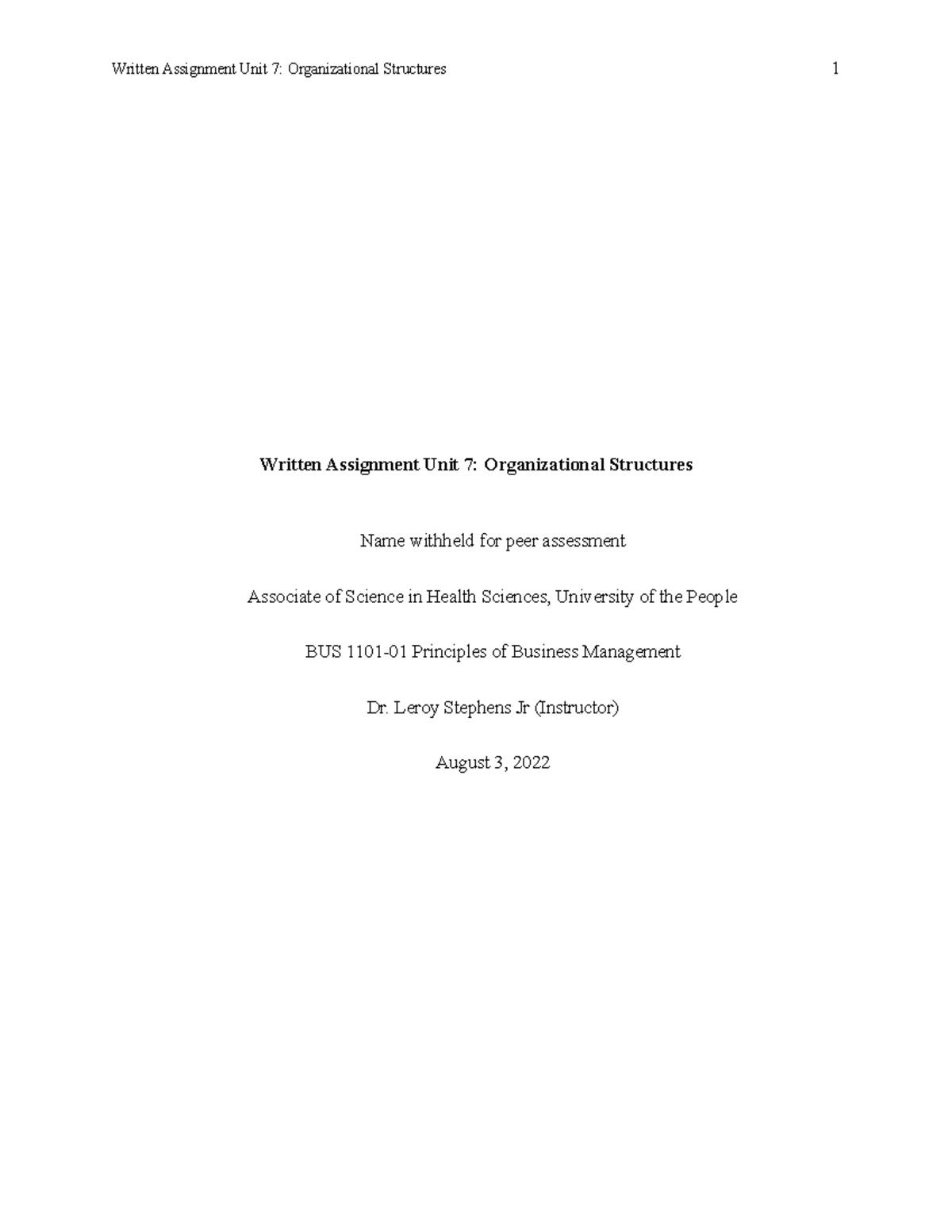 BUS 1101 Written Assignment U7 organizational structures types ...