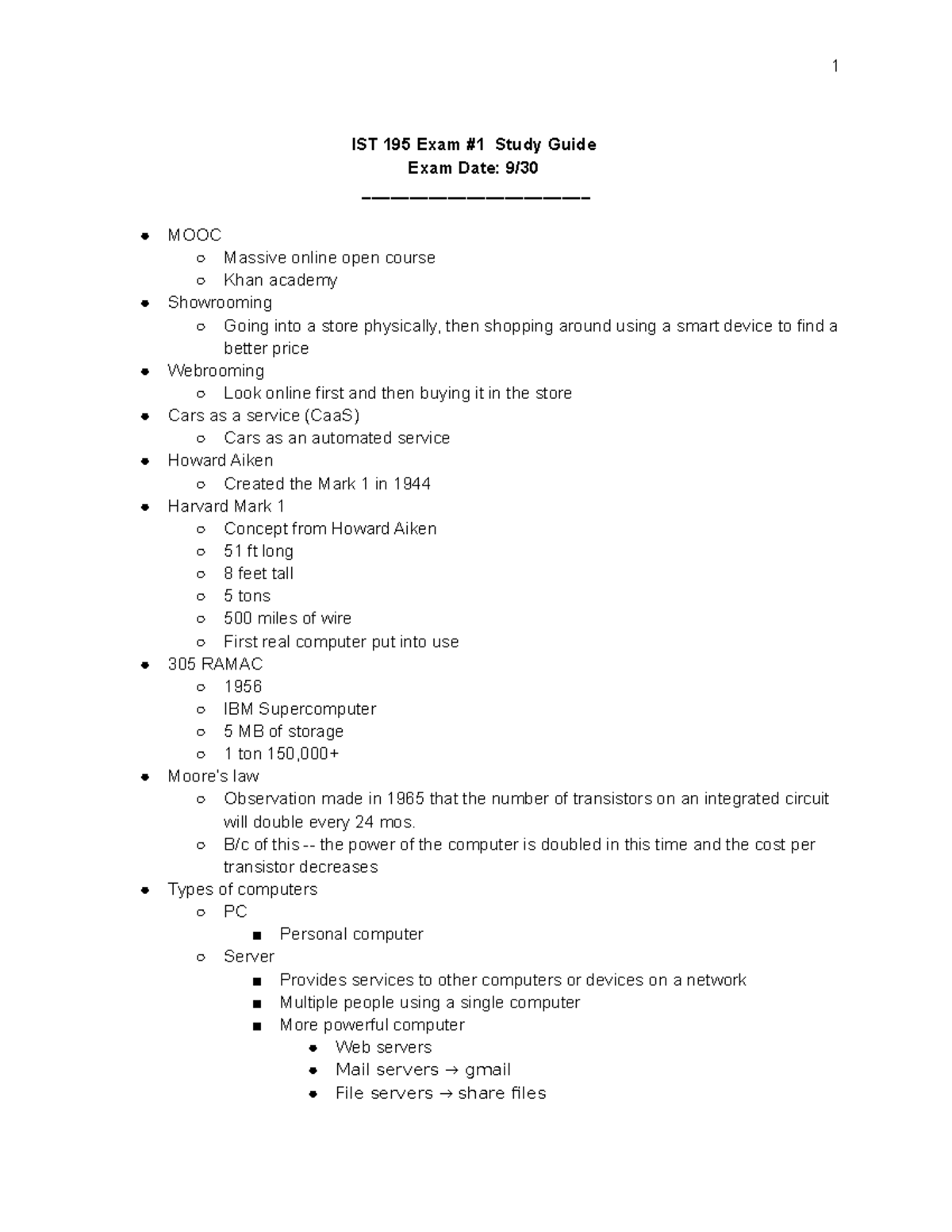 IST 195 Exam 1 Study Guide - IST 195 Exam #1 Study Guide Exam Date: 9 ...