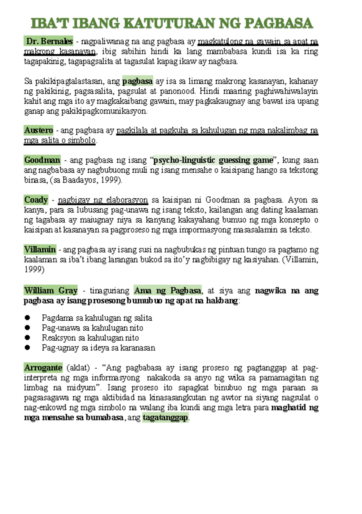 Filipino-Prelim - Dr. Bernales - nagpaliwanag na ang pagbasa ay ...