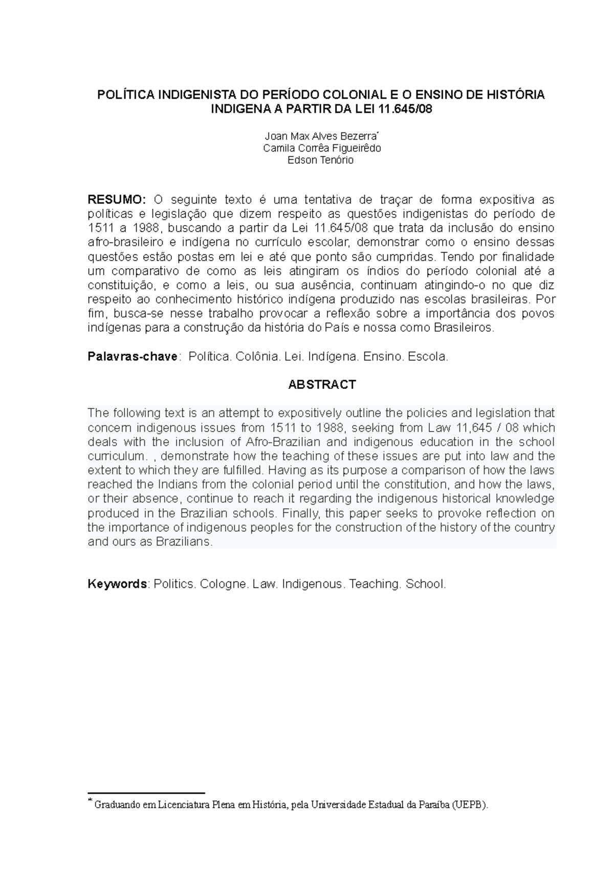 Artigo Indigena - POLÍTICA INDIGENISTA DO PERÍODO COLONIAL E O ENSINO ...