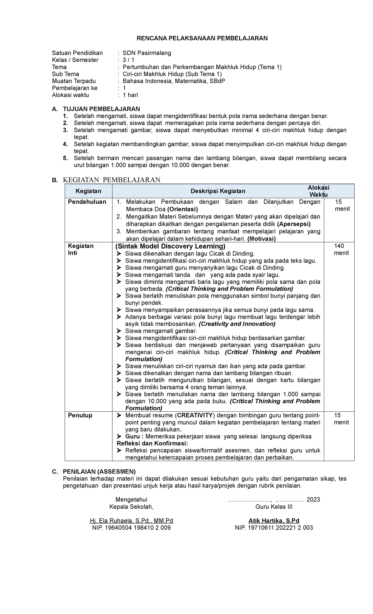 RPP Kelas 3 TEMA 1 ST 1 - rpp - RENCANA PELAKSANAAN PEMBELAJARAN Satuan Pendidikan : SDN ...