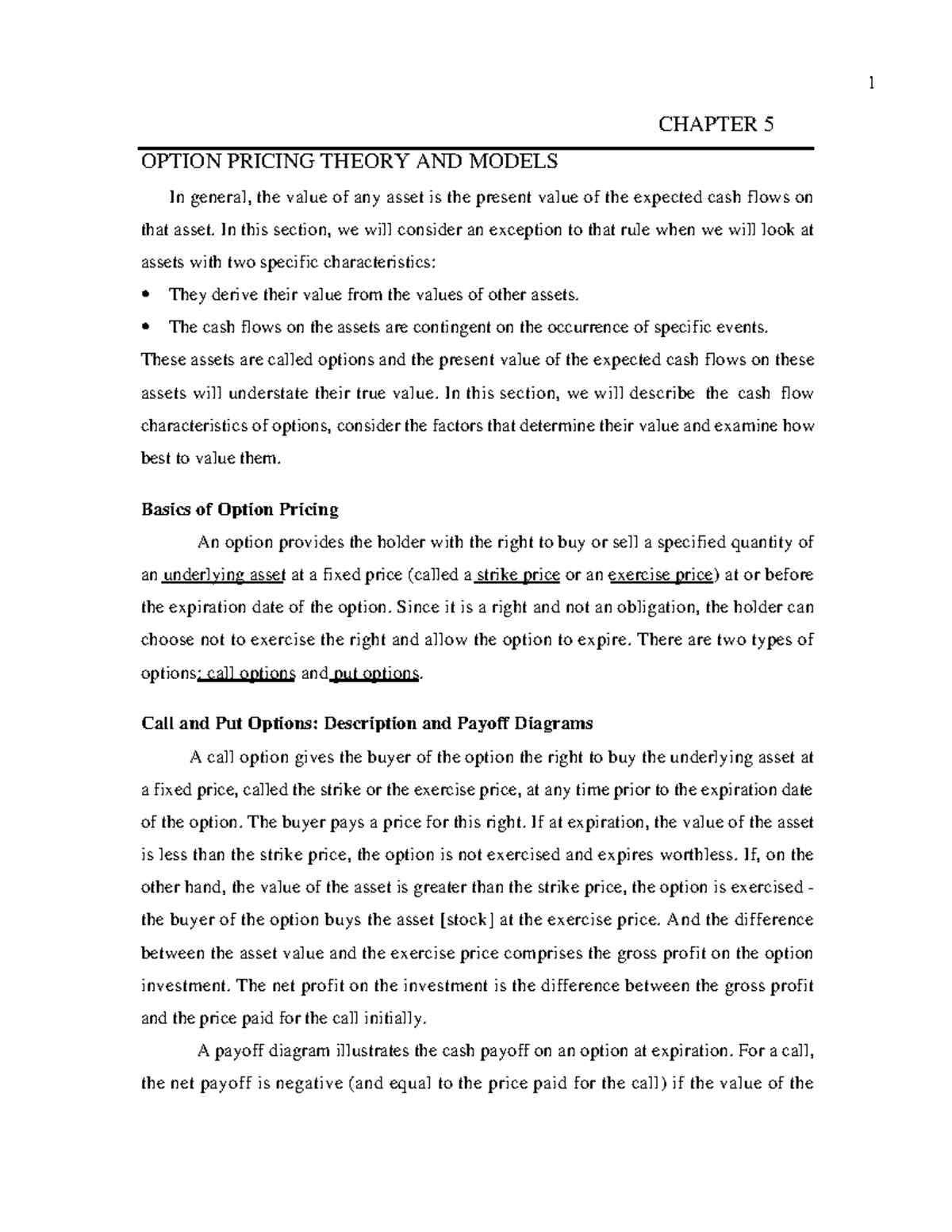Options - CHAPTER 5 OPTION PRICING THEORY AND MODELS In general, the ...