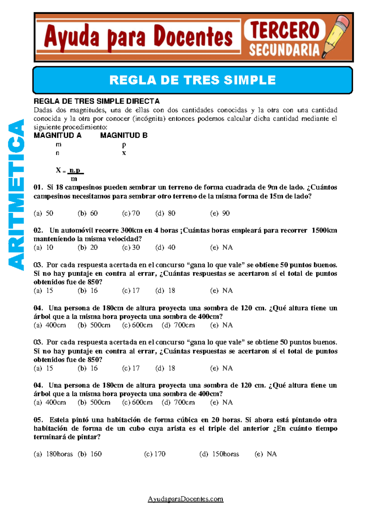 Regla de Tres Simple Para Tercero de Secundaria - REGLA DE TRES SIMPLE DIRECTA Dadas dos ...