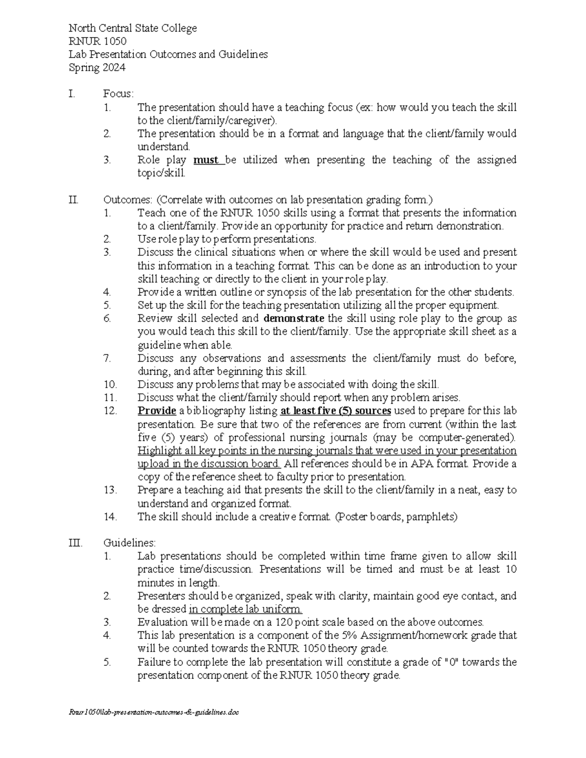 RNUR 1050 Lab Presentation Guidelines 2024 - North Central State College RNUR 1050 Lab ...
