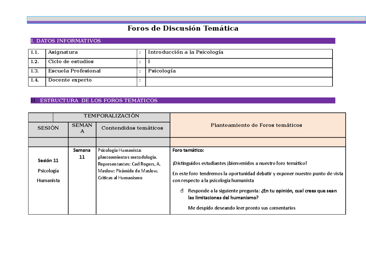 Foro sesion 11 - Foro - Foros de Discusión Temática I. DATOS ...