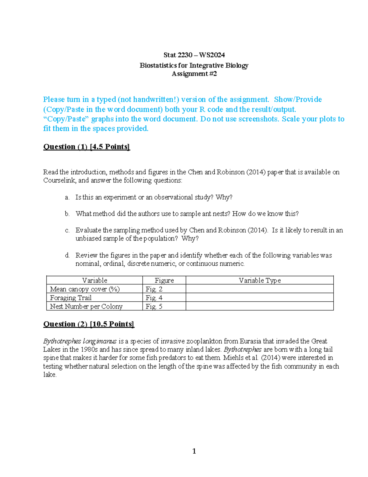 Assignment 2 W2024 - Stat 2230 – WS Biostatistics for Integrative Biology Assignment # Please ...
