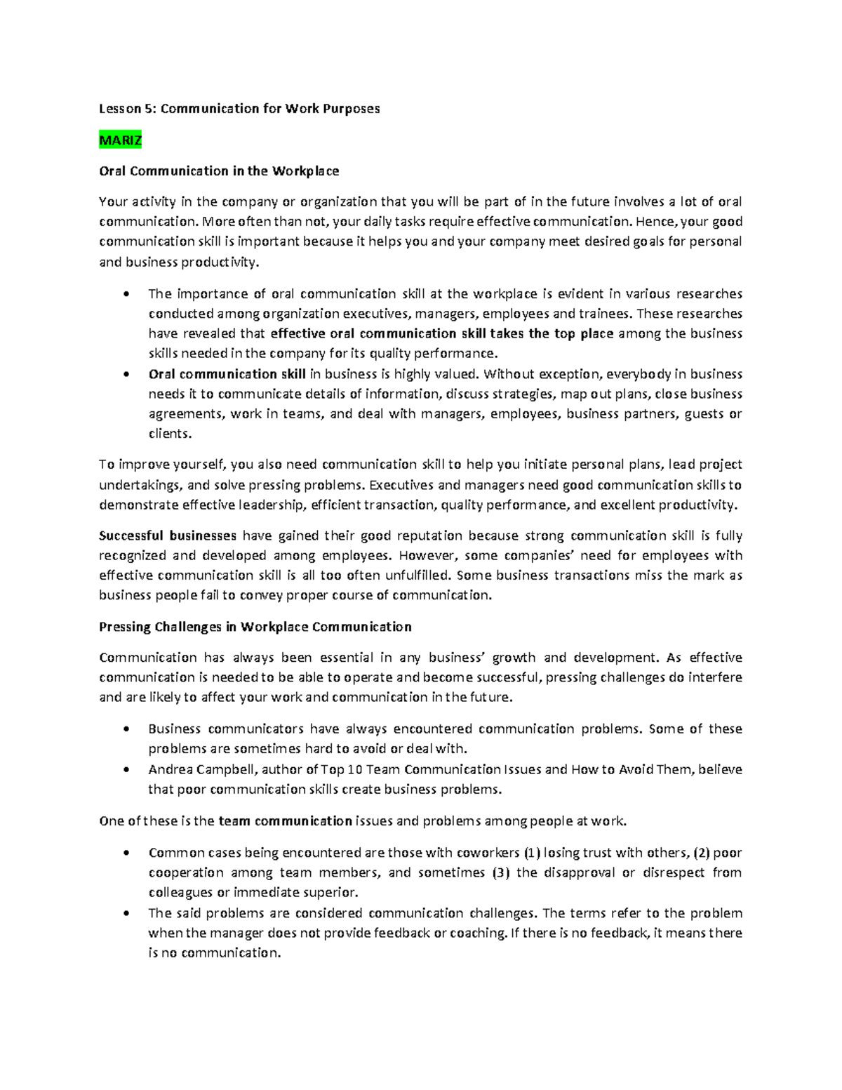 Summary Keynotes- Communication - Lesson 5: Communication for Work ...