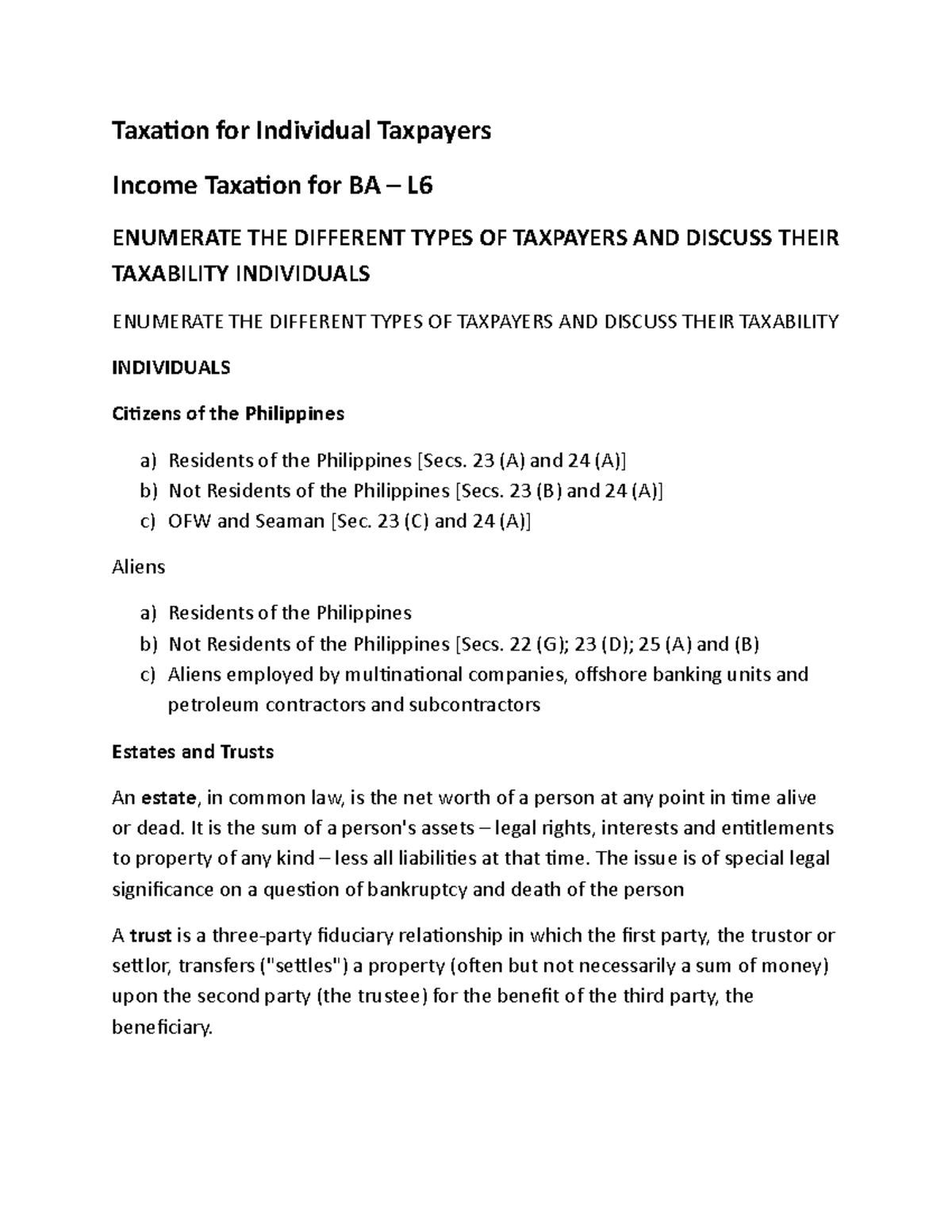 Income Taxation - 6 - Lecture notes - Taxation for Individual Taxpayers ...