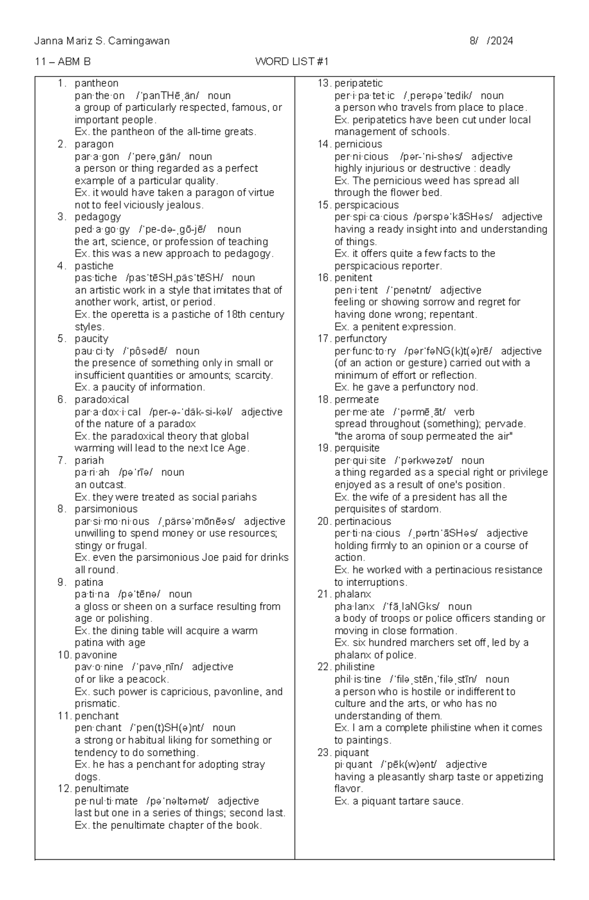 World list #1 - English Dictionary - Janna Mariz S. Camingawan 8/ / 11 ...