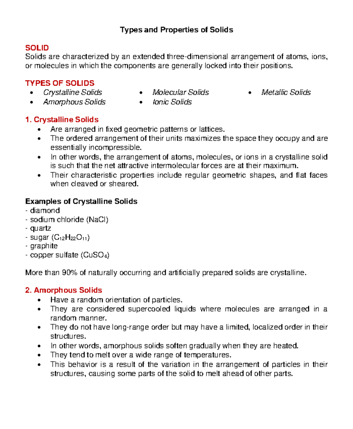 General Chemistry 2 - Types and Properties of Solids SOLID Solids are ...