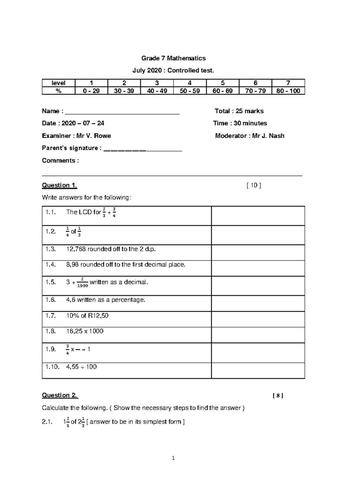 July 2020 first test - it will help more often - 1 Grade 7 Mathematics ...
