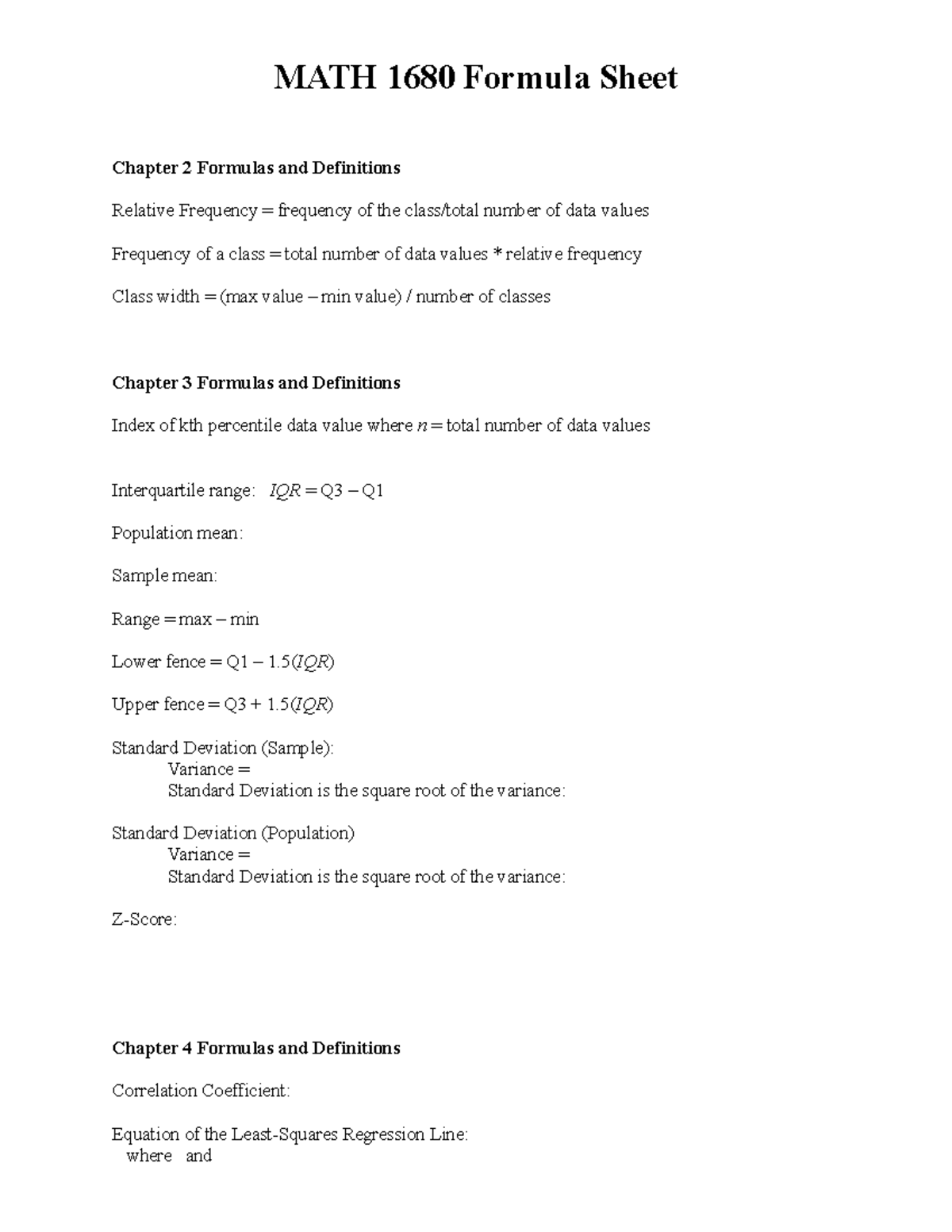 MATH 1680 Formula Sheet (Alta) - MATH 1680 Formula Sheet Chapter 2 ...