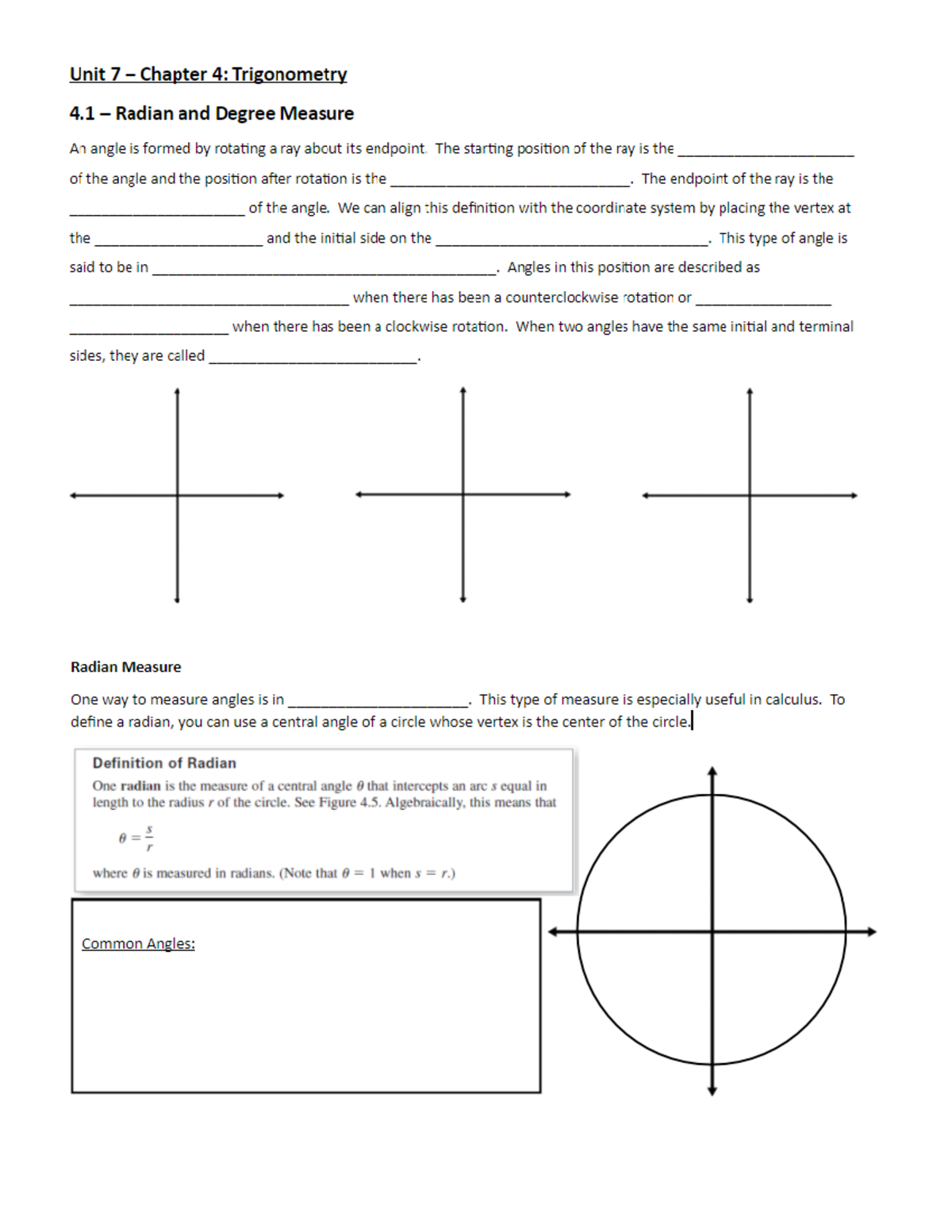 Chapter 4 Lesson 1 Notes - Unit 7 Chapter 4: Trigonometry Radian and ...