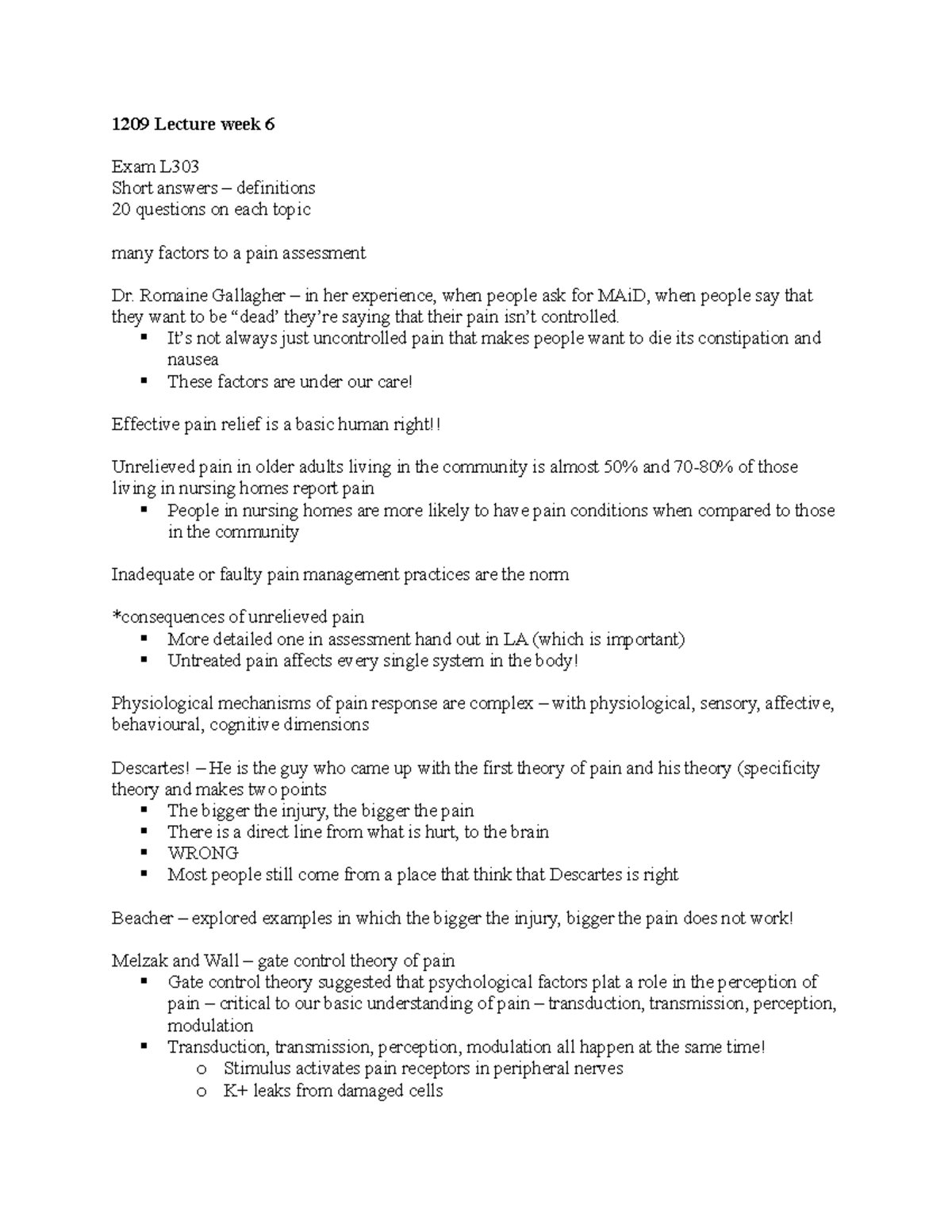 1209 Week 6 Lecture Pain - 1209 Lecture week 6 Exam L Short answers – definitions 20 questions ...