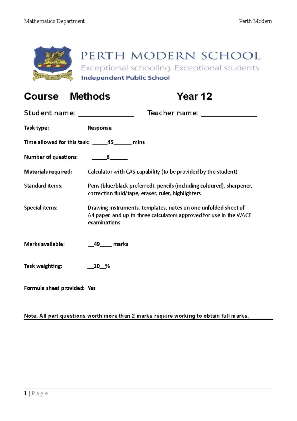 Methods Test 1 2020 marking key - Course Methods Year 12 Student name ...