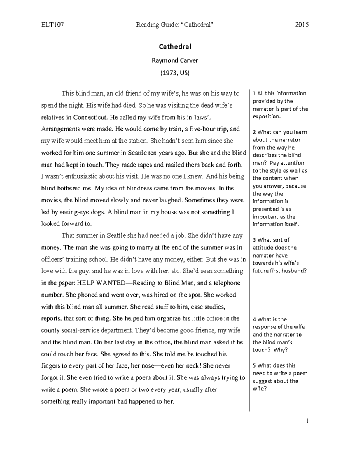 Cathedral Reading Guide-1 - ELT107 Reading Guide: “Cathedral” 2015 ...