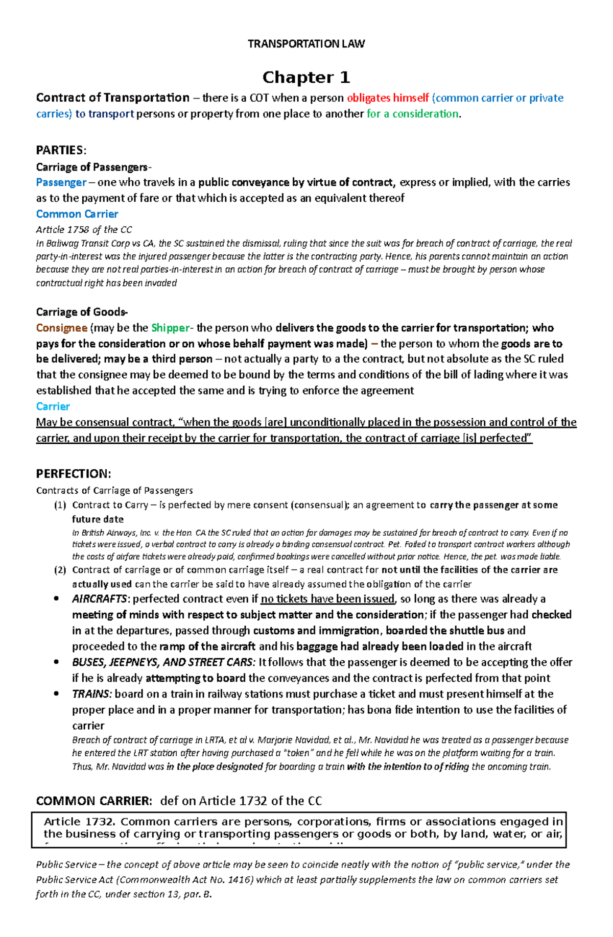 Notes ON Transportation LAW - TRANSPORTATION LAW Chapter 1 Contract of ...