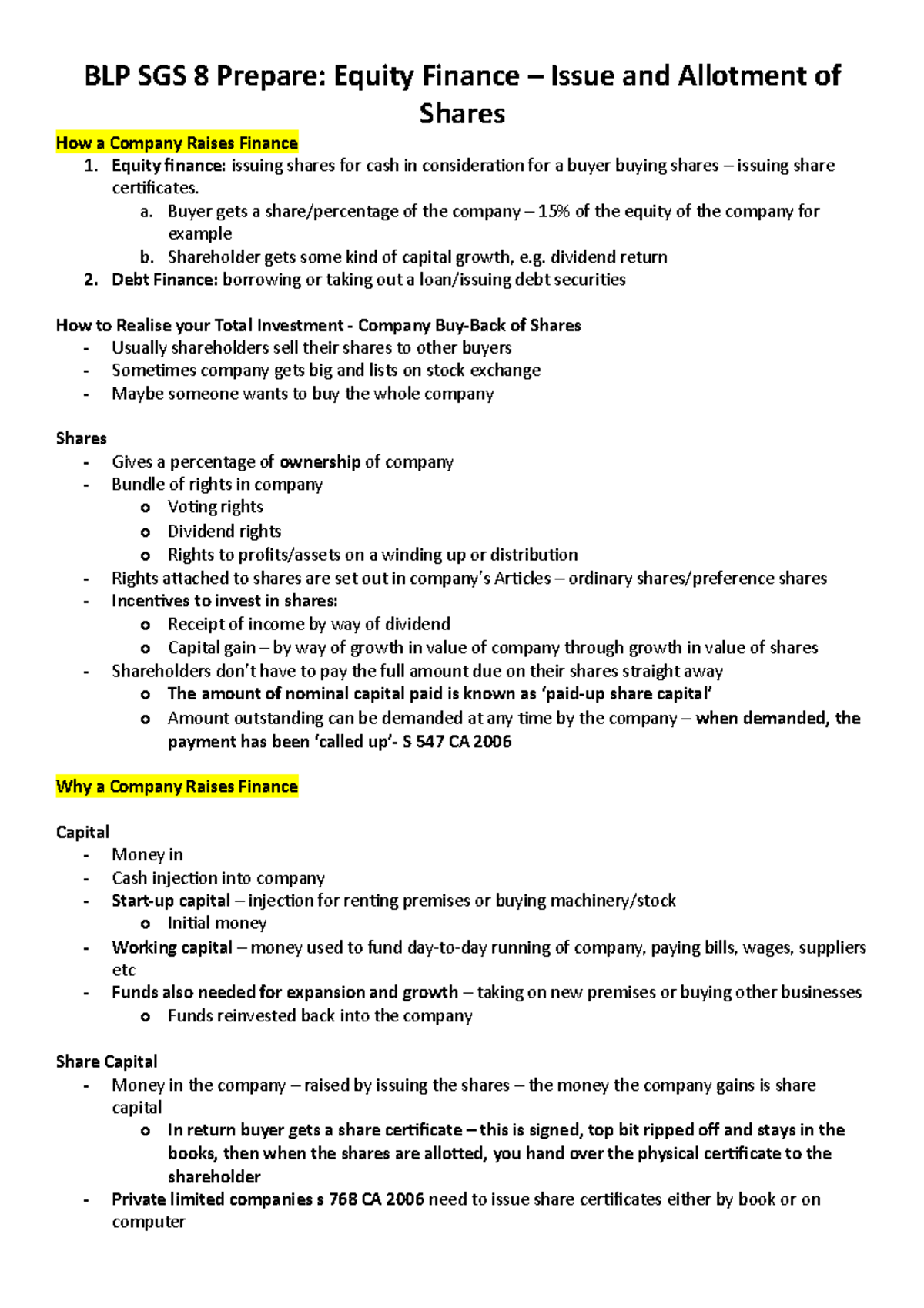 BLP SGS 8 Prepare - Equity Finance - Equity finance: issuing shares for ...