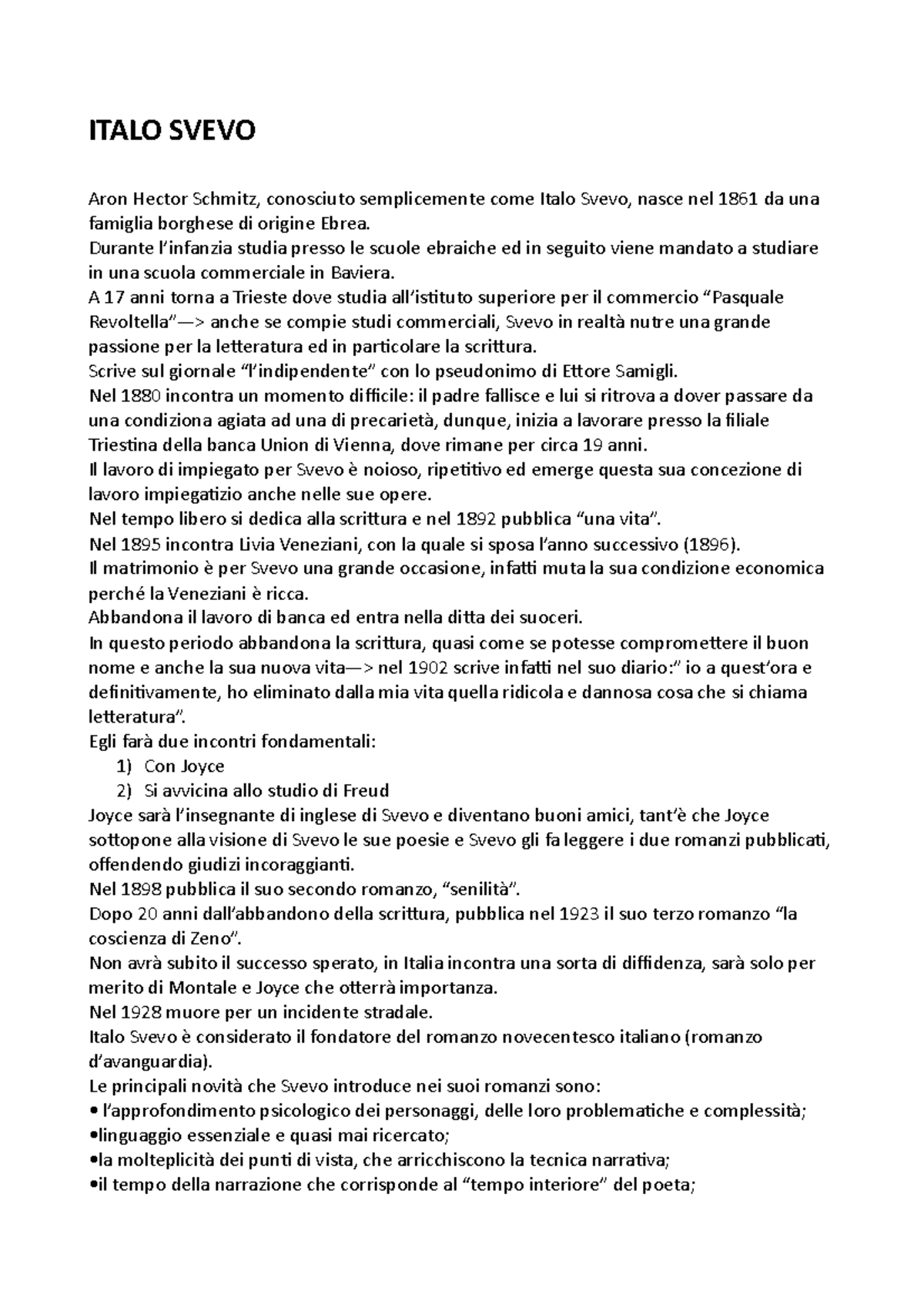 Italo svevo - ITALO SVEVO Aron Hector Schmitz, conosciuto semplicemente come Italo Svevo, nasce ...