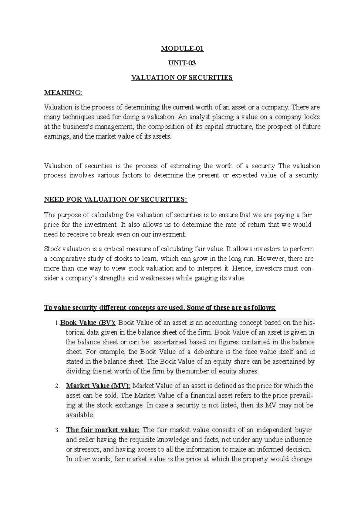 FEIA UNIT-03 Valuation OF Securities - MODULE- UNIT- VALUATION OF ...