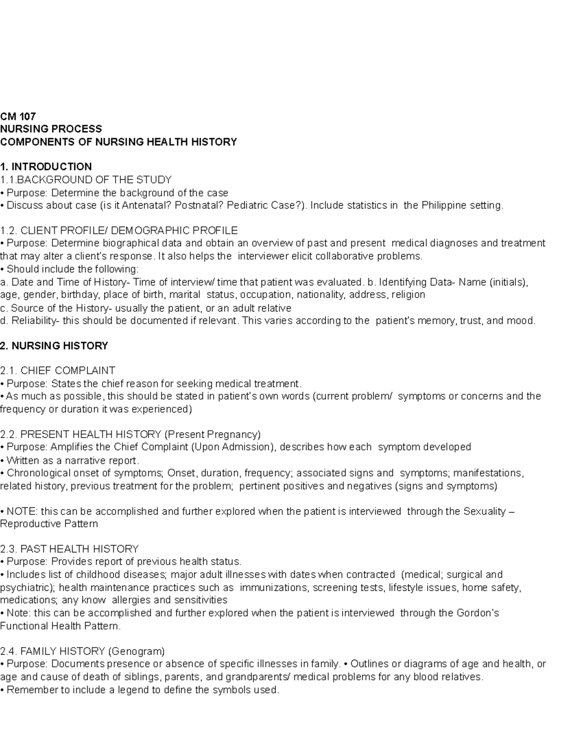 Nursing case study - CM 107 NURSING PROCESS COMPONENTS OF NURSING ...