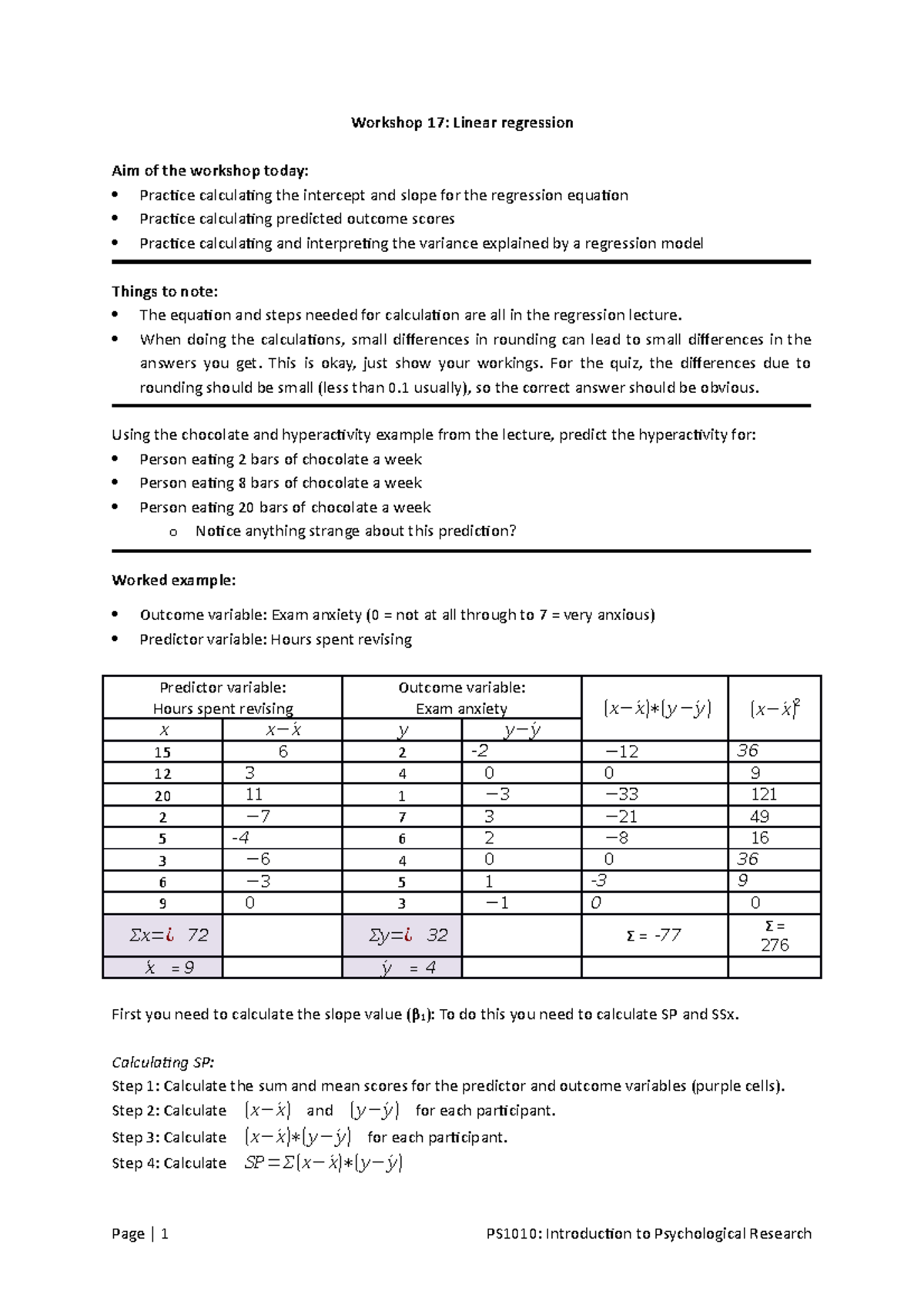 16 Workshop 17 regression - Workshop 17: Linear regression Aim of the ...