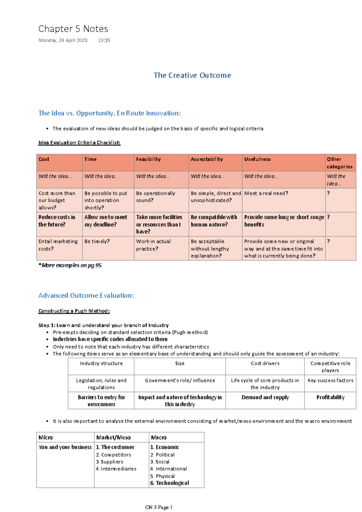 CH 5 OBS211 Notes - The Creative Outcome The Idea vs. Opportunity, En ...