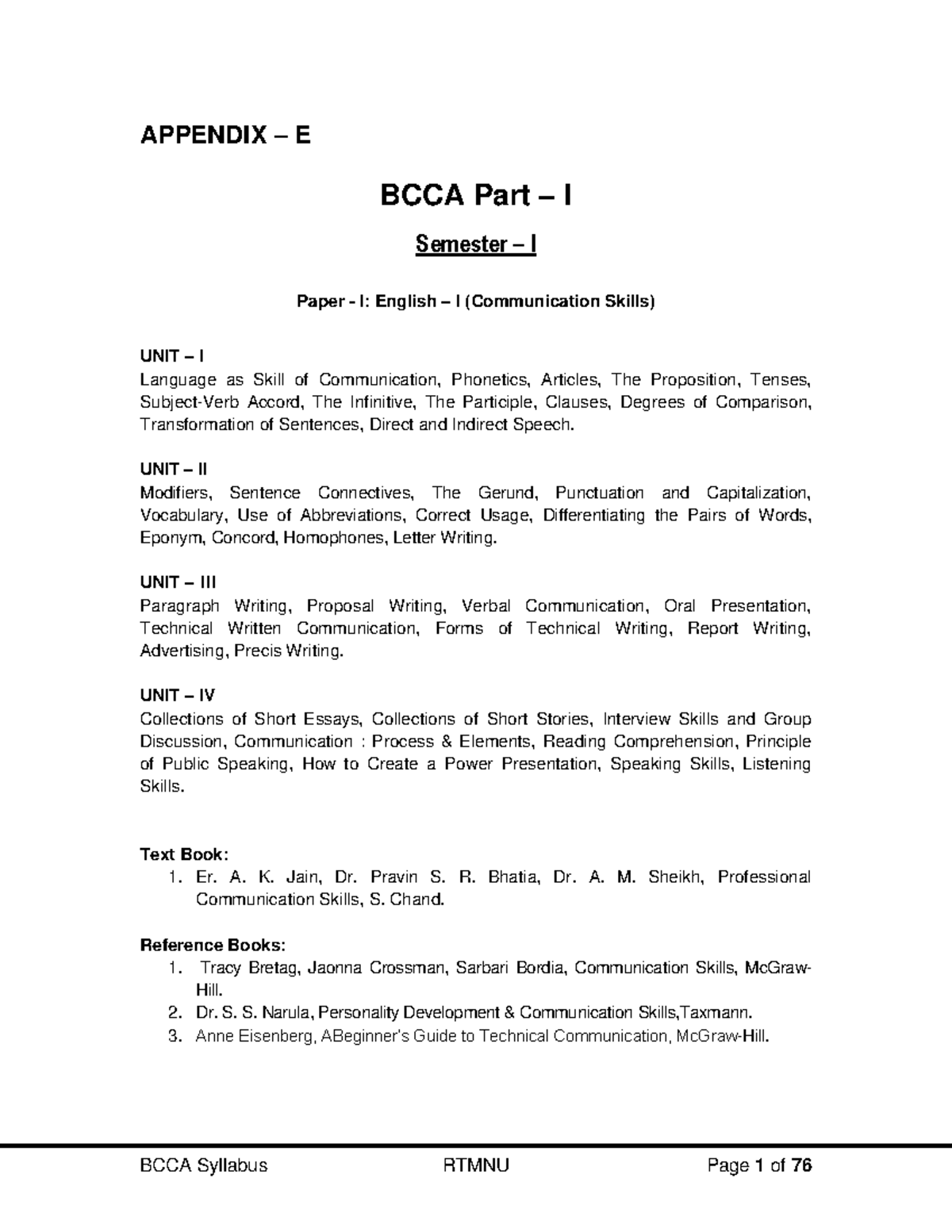 BCCA Syllabus - APPENDIX 3 E BCCA Part 3 I Semester – I Paper - I ...