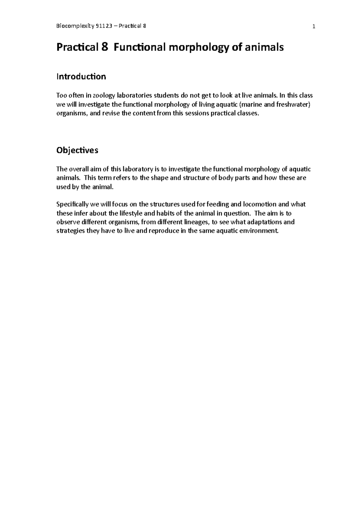 Practical 8 Functional morphology of animals - Practical 8 Functional ...