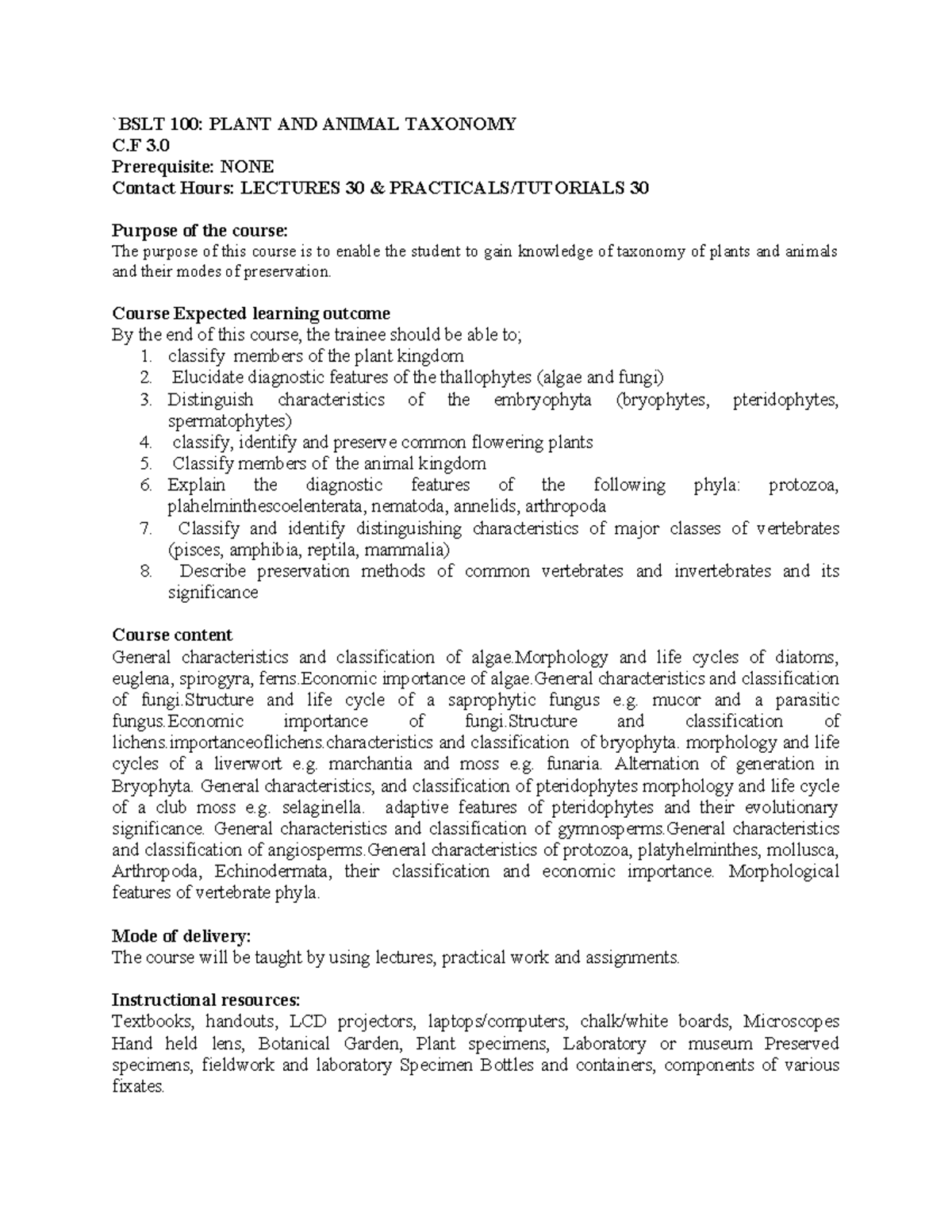 Pl ANT AND Animal Taxonomy Notes 2019 - `BSLT 100: PLANT AND ANIMAL ...