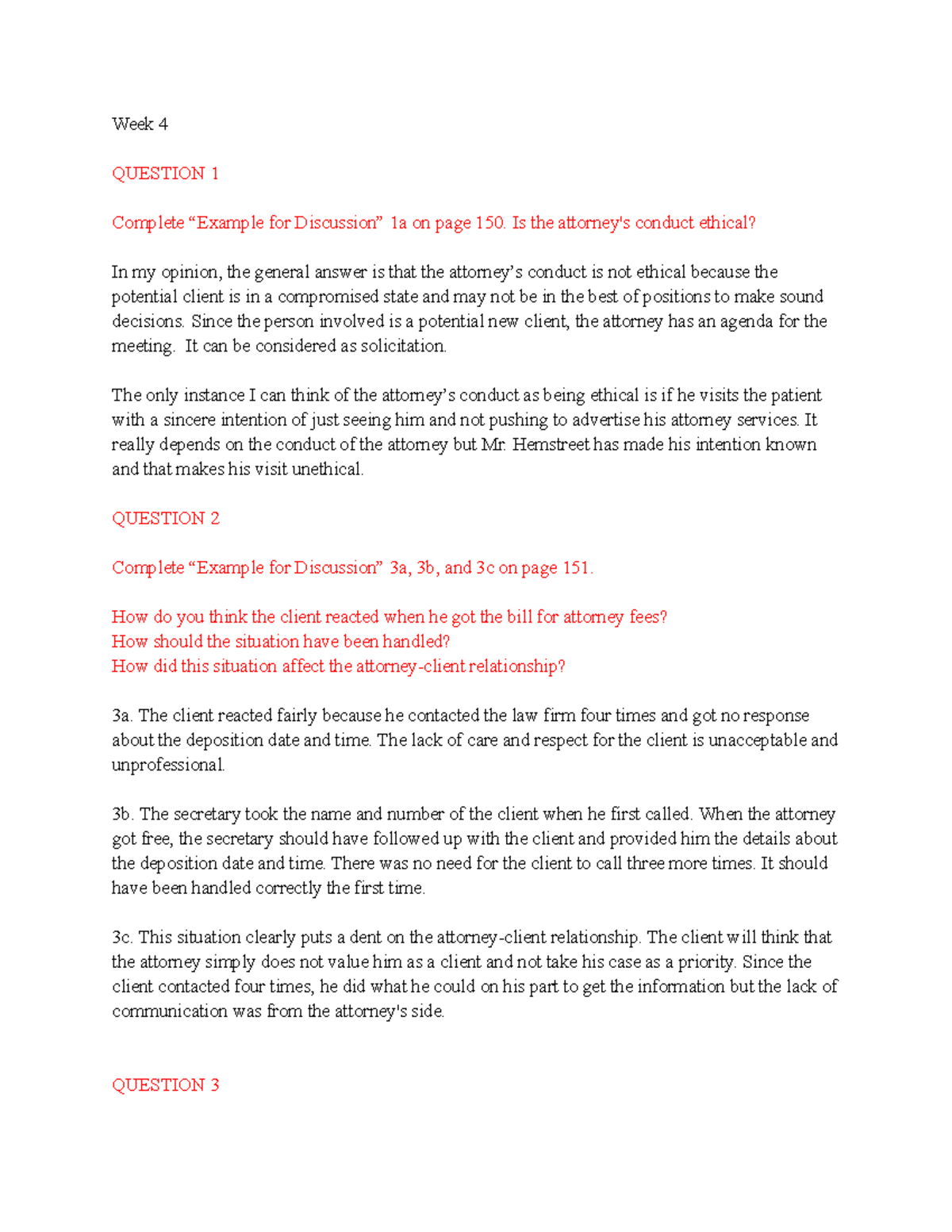 LGLA 2307 - Assignment 4 - Week 4 QUESTION 1 Complete “Example for Discussion” 1a on page 150 ...