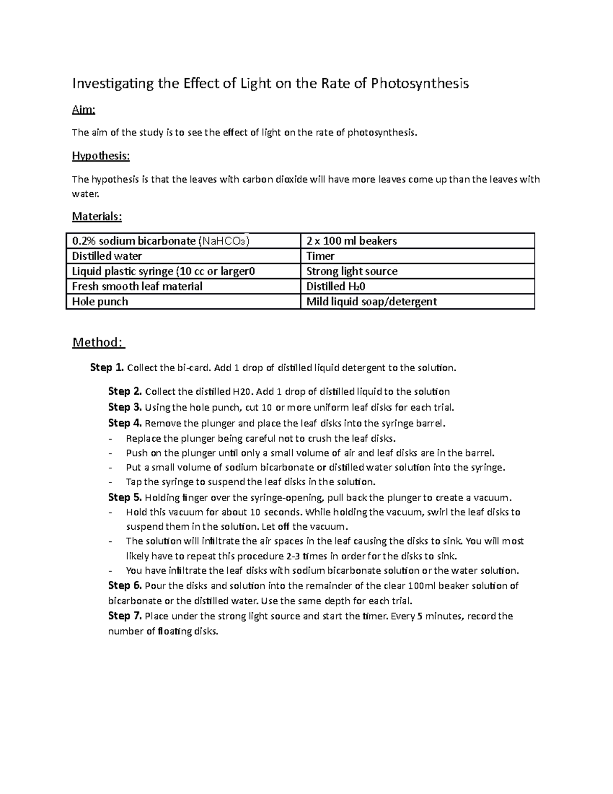 Investigating the effect of light on the rate of photosynthesis ...