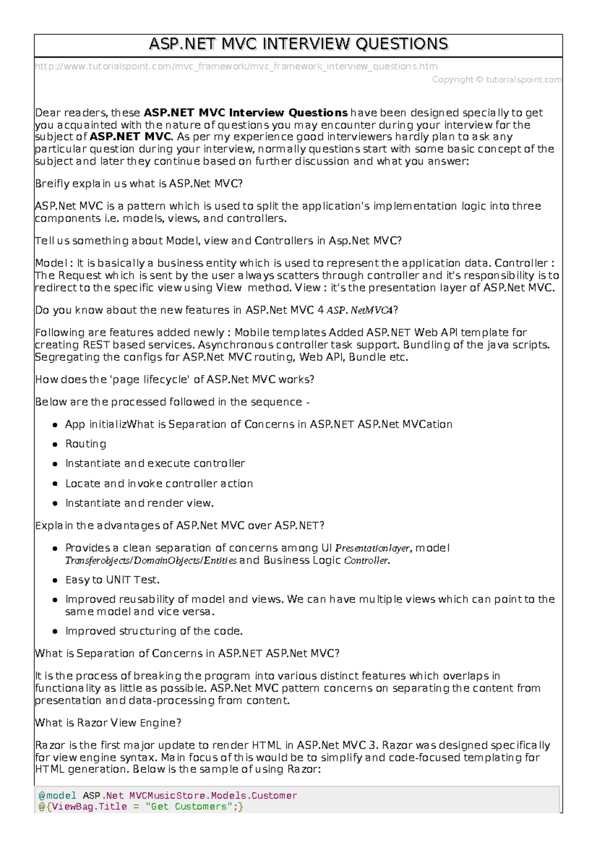Mvc framework interview questions - - Studocu