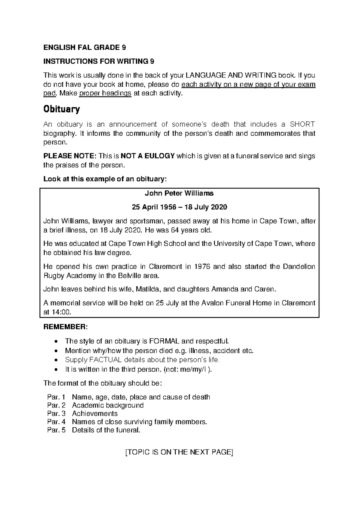 9FAL Informal Writing 9 Obituary - ENGLISH FAL GRADE 9 INSTRUCTIONS FOR ...