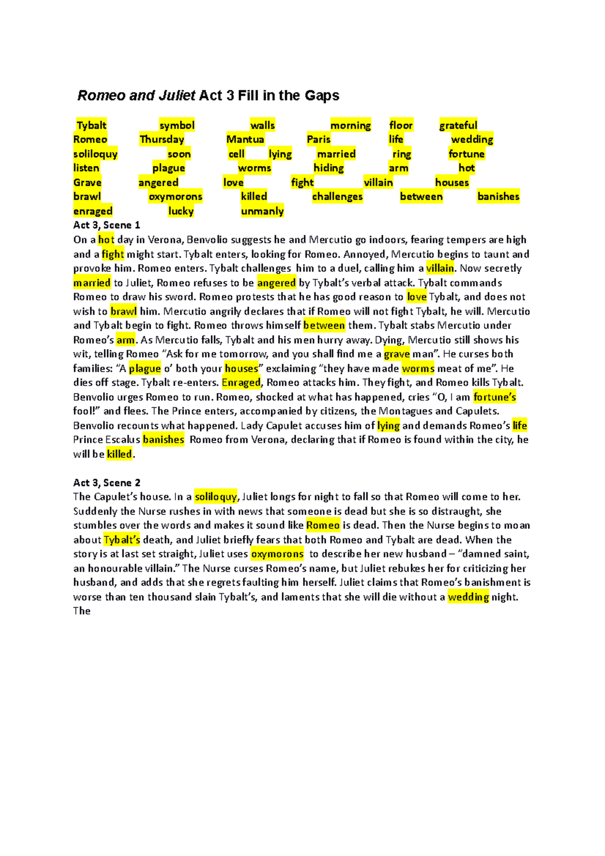 Fill in the gaps, Act 3 - This is for revision of Romeo and Juliet for ...
