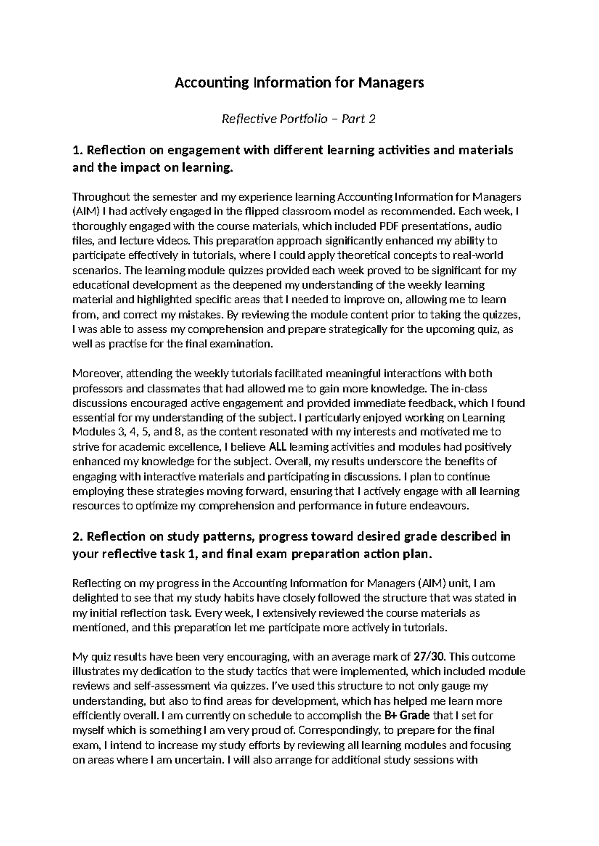 AIM - Portfolio B - Assessment 2 - Accounting Information for Managers ...