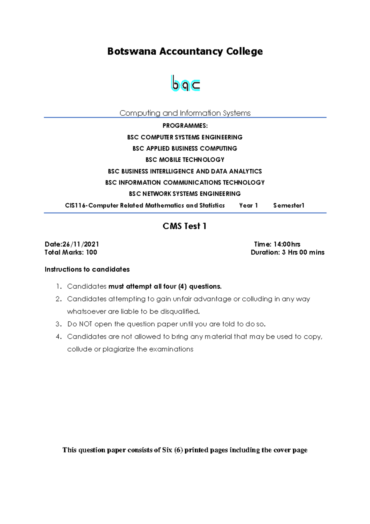 CMS Assessment test 1 2021 Question Paper - Botswana Accountancy ...