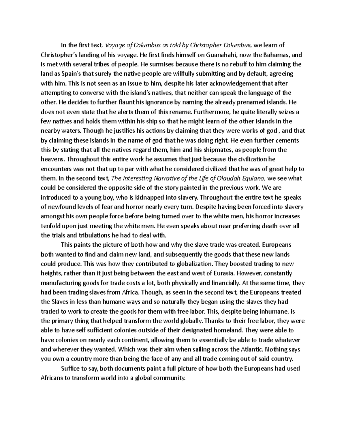 1st Essay History - In the first text, Voyage of Columbus as told by ...