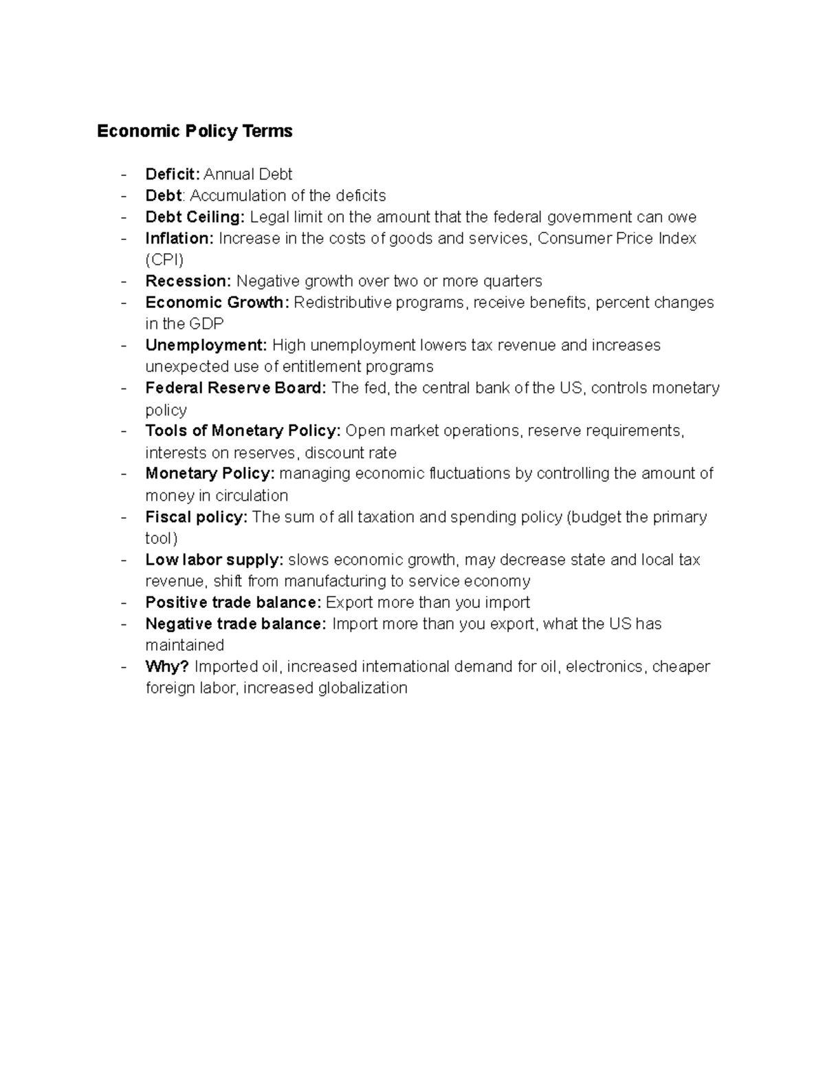 Economic Policy Notes - Economic Policy Terms Deficit: Annual Debt Debt ...