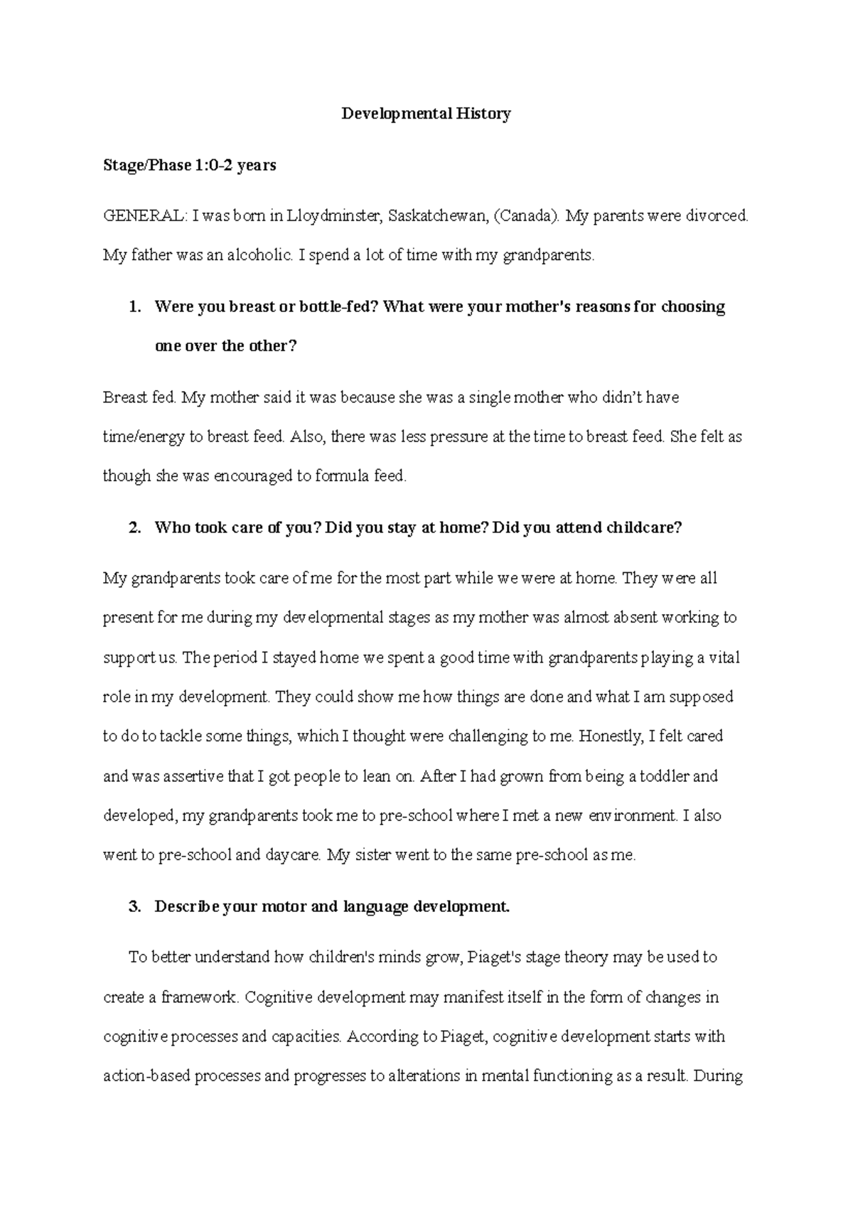 Developmental History - Developmental History Stage/Phase 1:0-2 years ...
