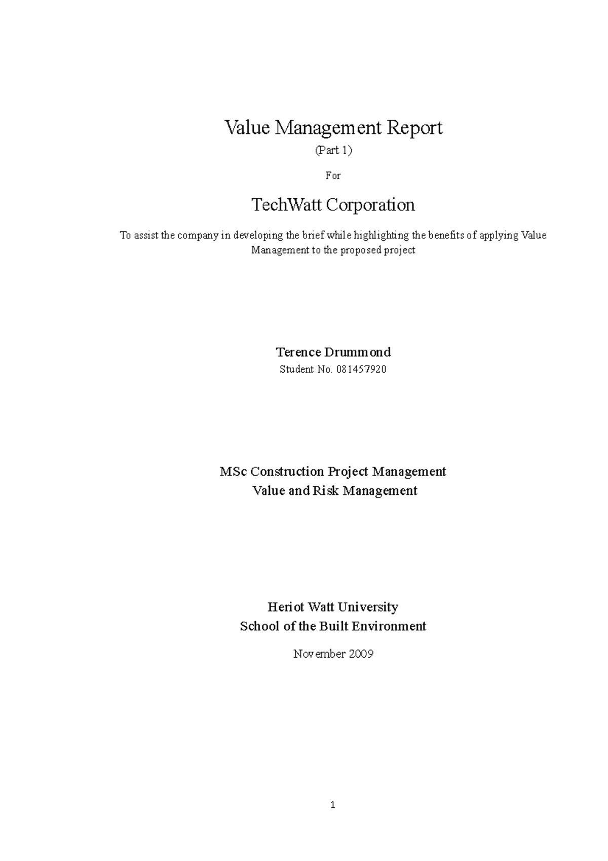 Value Management Report part 1 Value Management Report Part 1 For TechWatt Corporation To value-management-report-part-1-value-management-report-part-1-for-techwatt-corporation-to