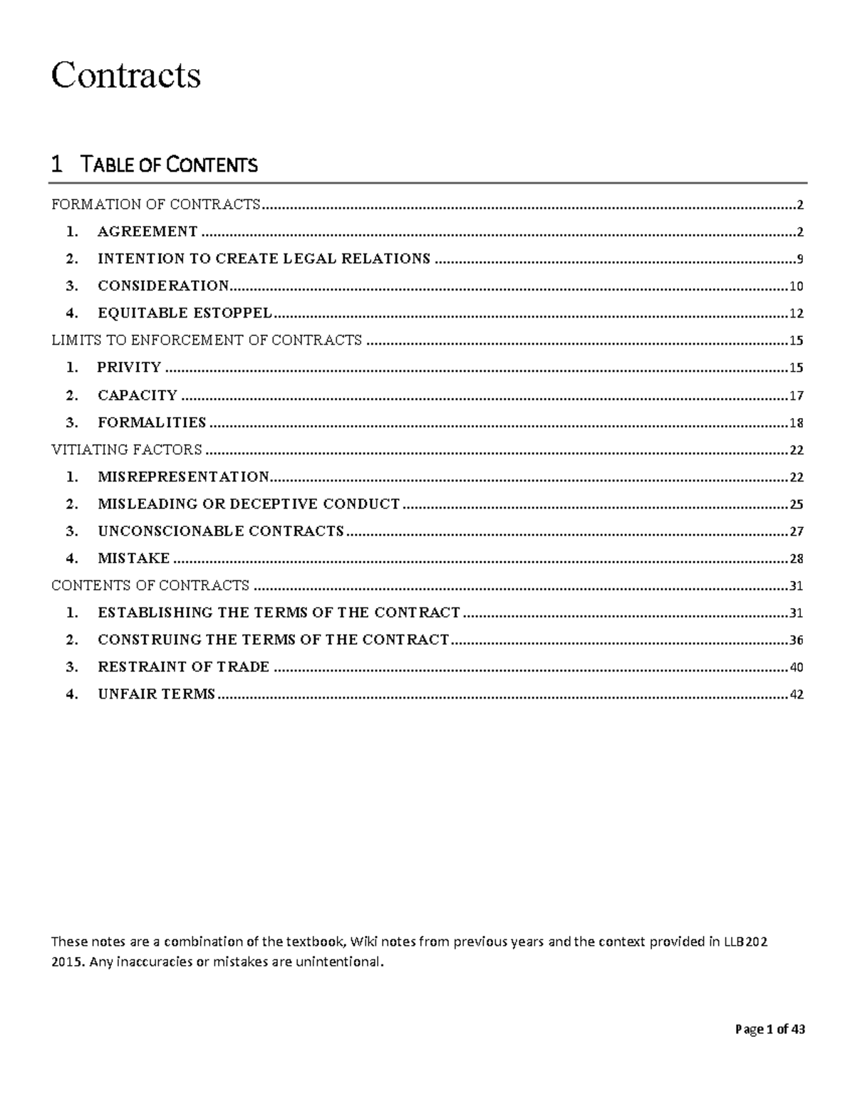 Contracts final notes - Contracts FORMATION OF CONTRACTS 1 TABLE OF ...