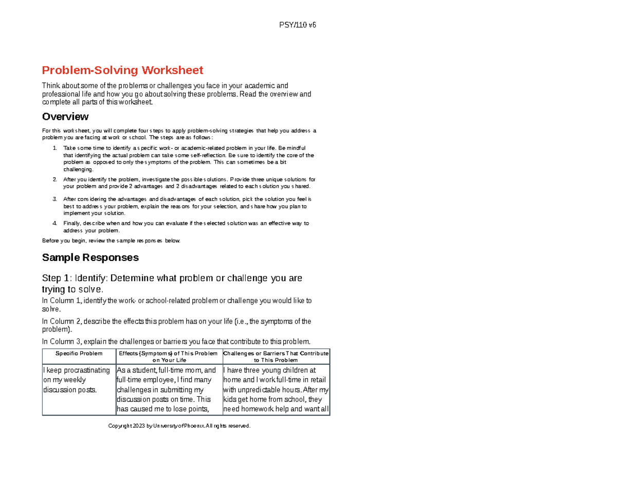 Psy110 v6 wk4 problem solving w2orksheet - PSY/110 v 6 Problem-Solving Worksheet Think about ...