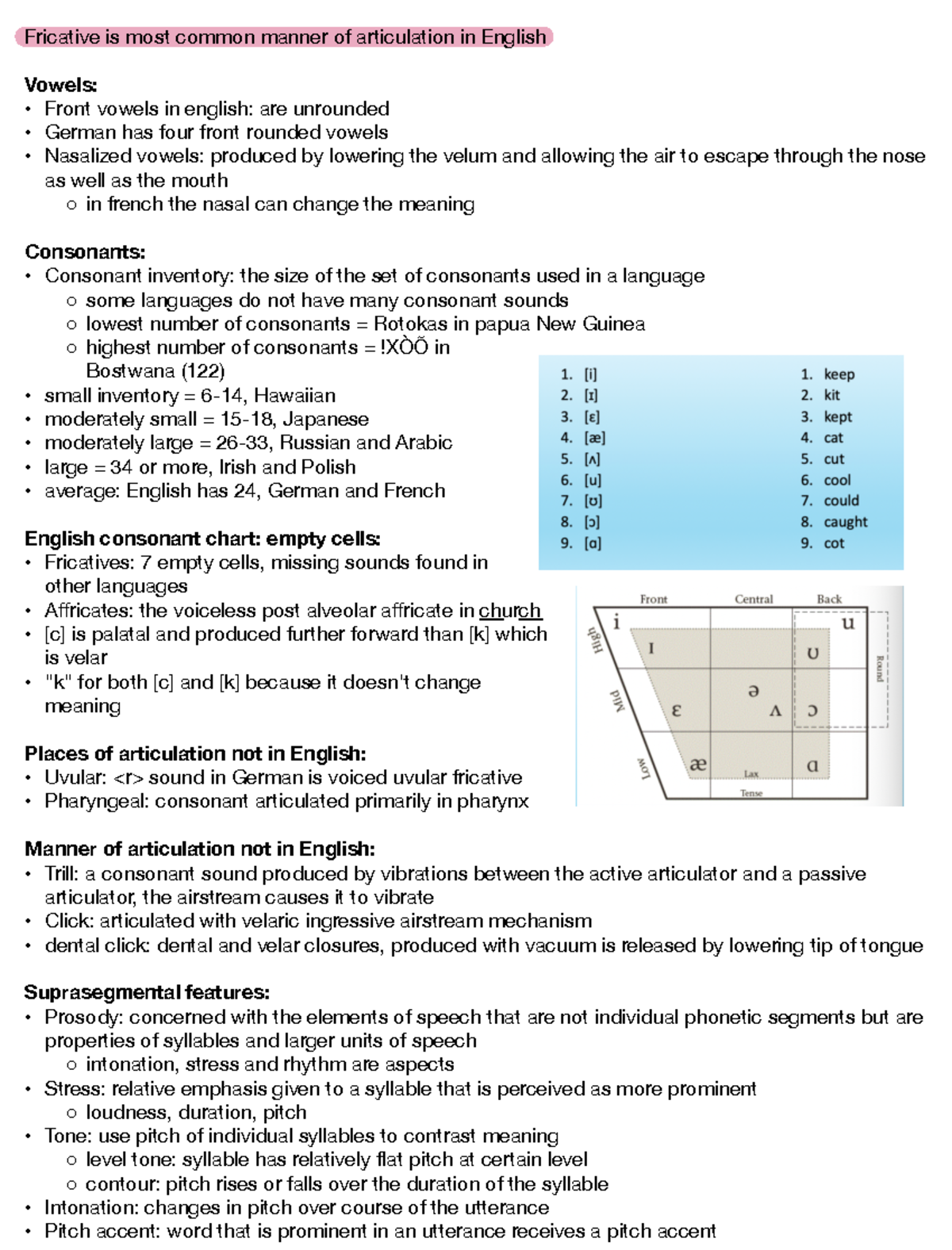 Phonetics 3 - lecture notes - Fricative is most common manner of ...