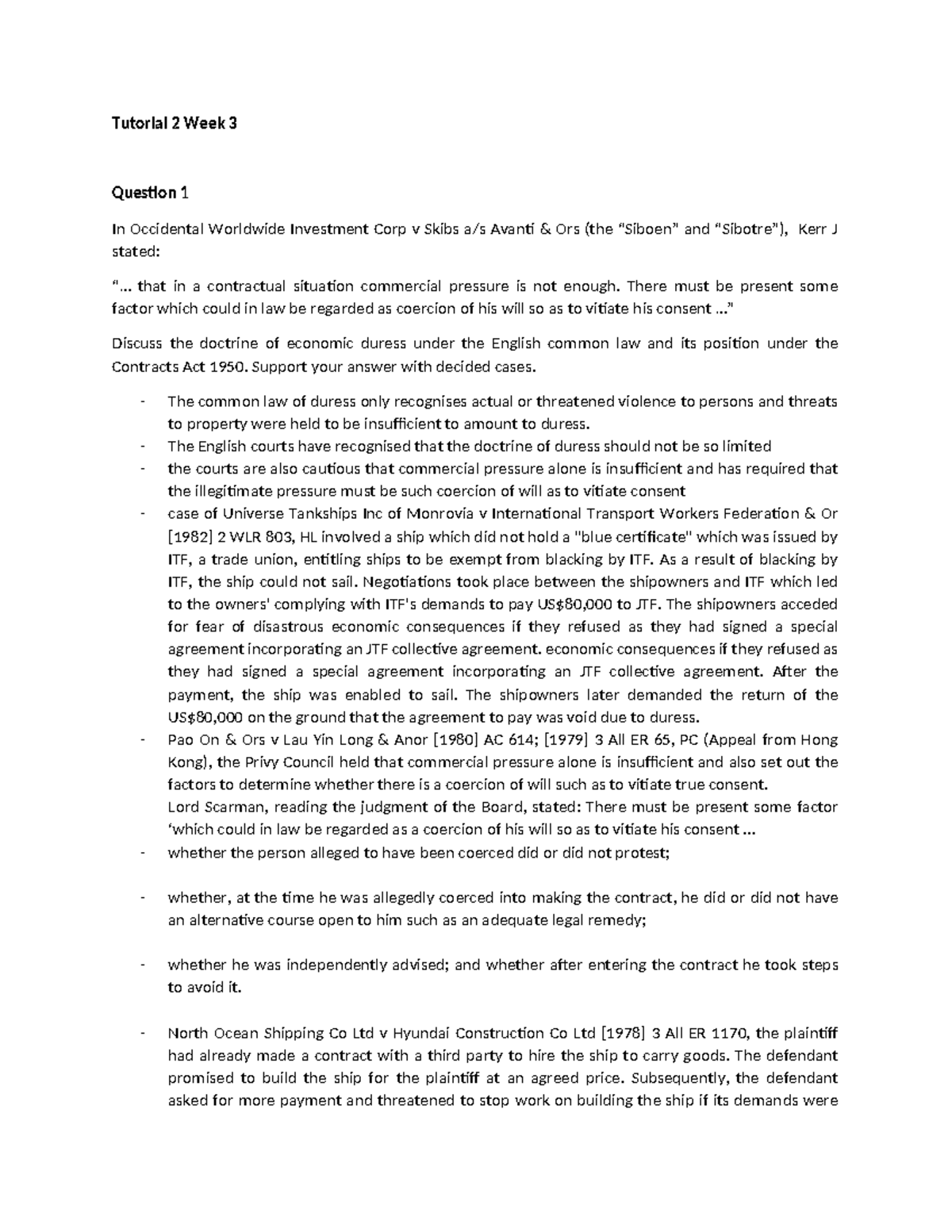 Tutorial 2 Week 3 Contract - Tutorial 2 Week 3 Question 1 In Occidental Worldwide Investment ...