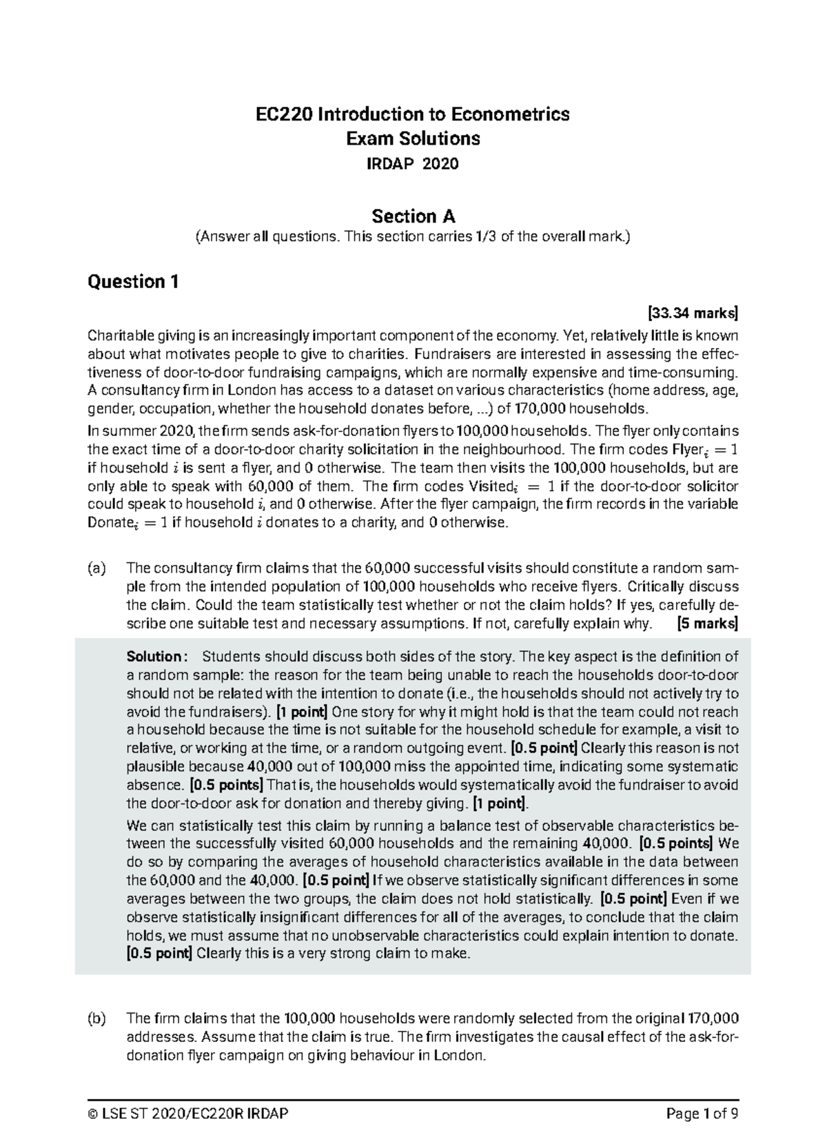EC220 Irdap 2020 solutions - EC￿￿￿Introduction to Econometrics Exam Solutions IRDAP ￿￿￿￿ Section ...
