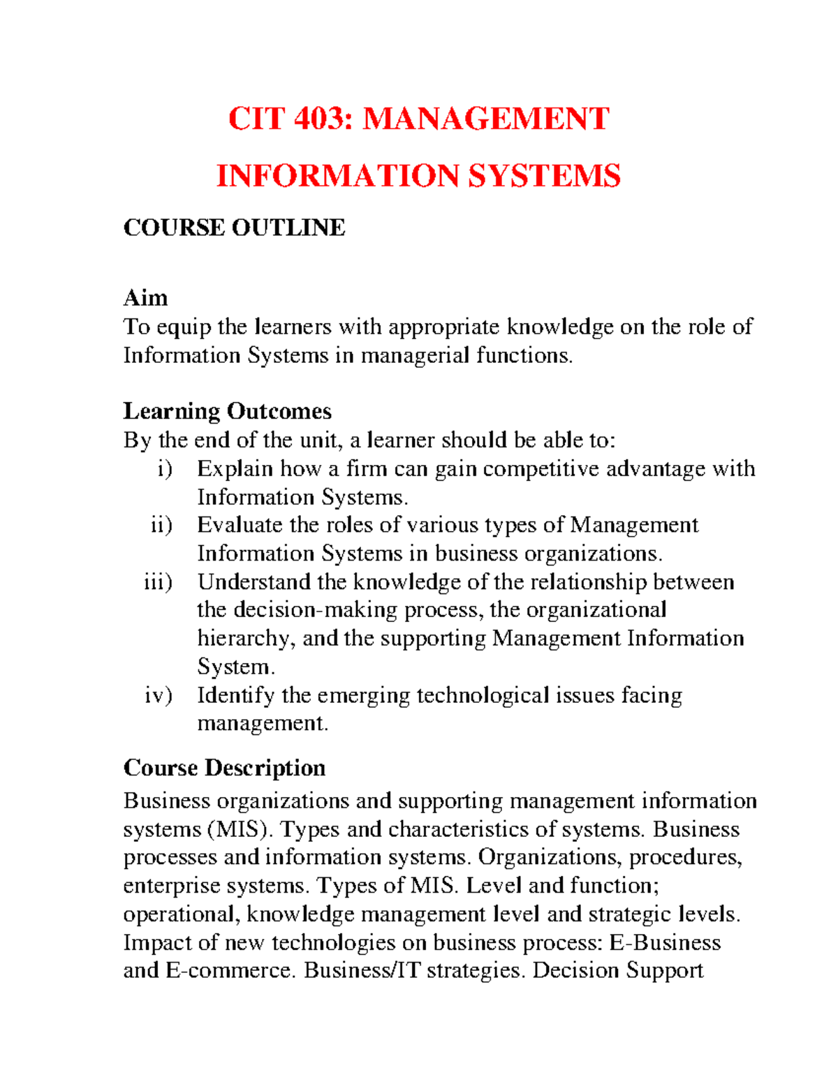MIS Notes GOOD Notes - Covers the introduction - CIT 403: MANAGEMENT ...