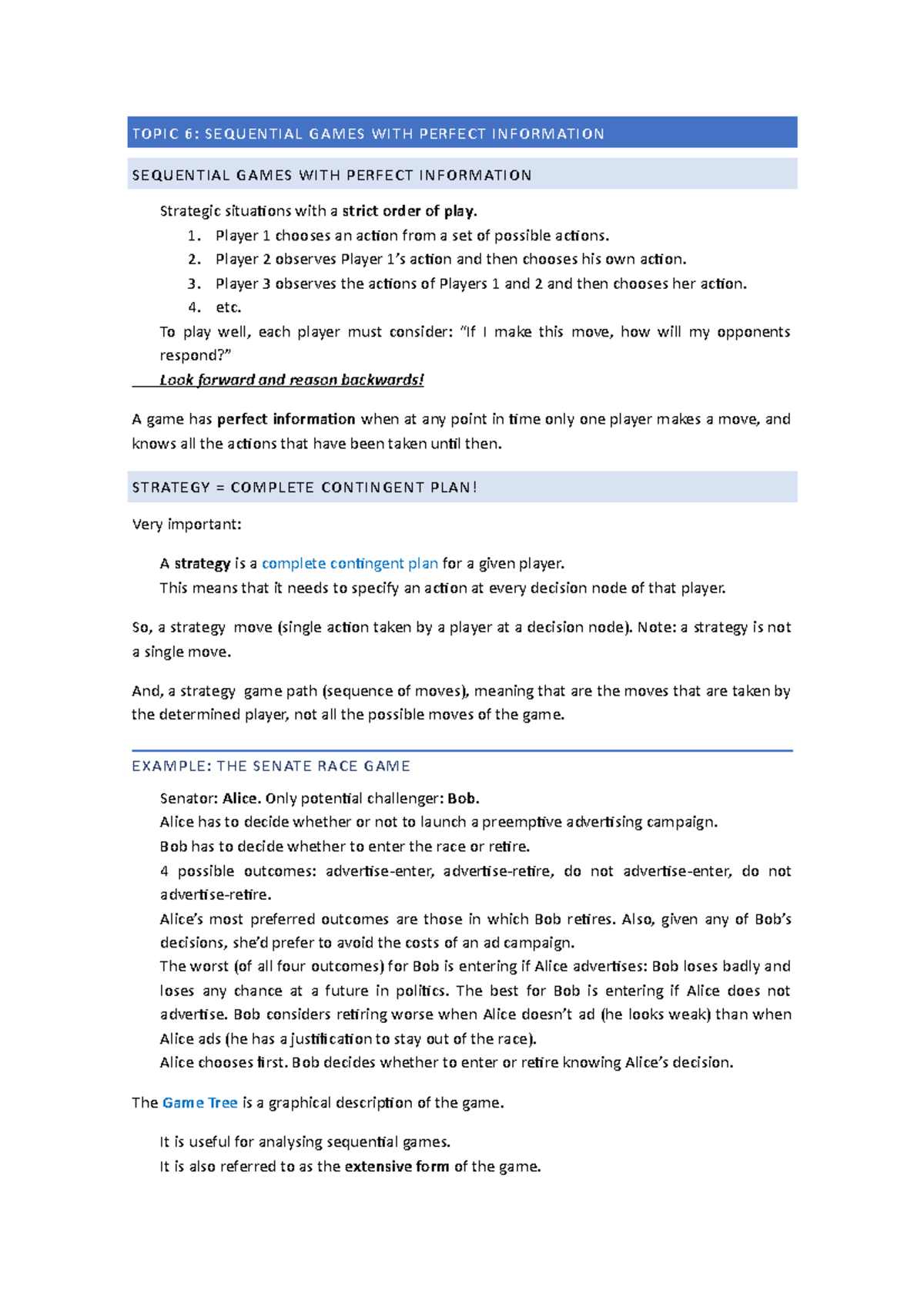 Introduction TO GAME Theory - topic 6 - TOPIC 6: SEQUENTIAL GAMES WITH PERFECT INFORMATION - Studocu